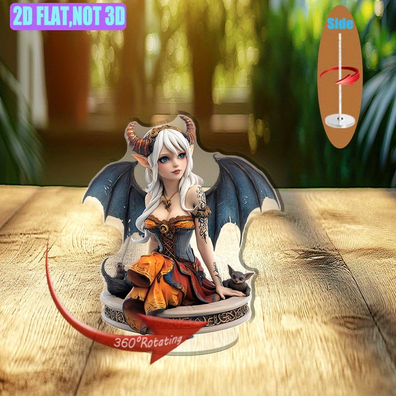 Revolving acrylic ornament featuring an elegant elf with white hair blue eyes dragon-horned hat ...