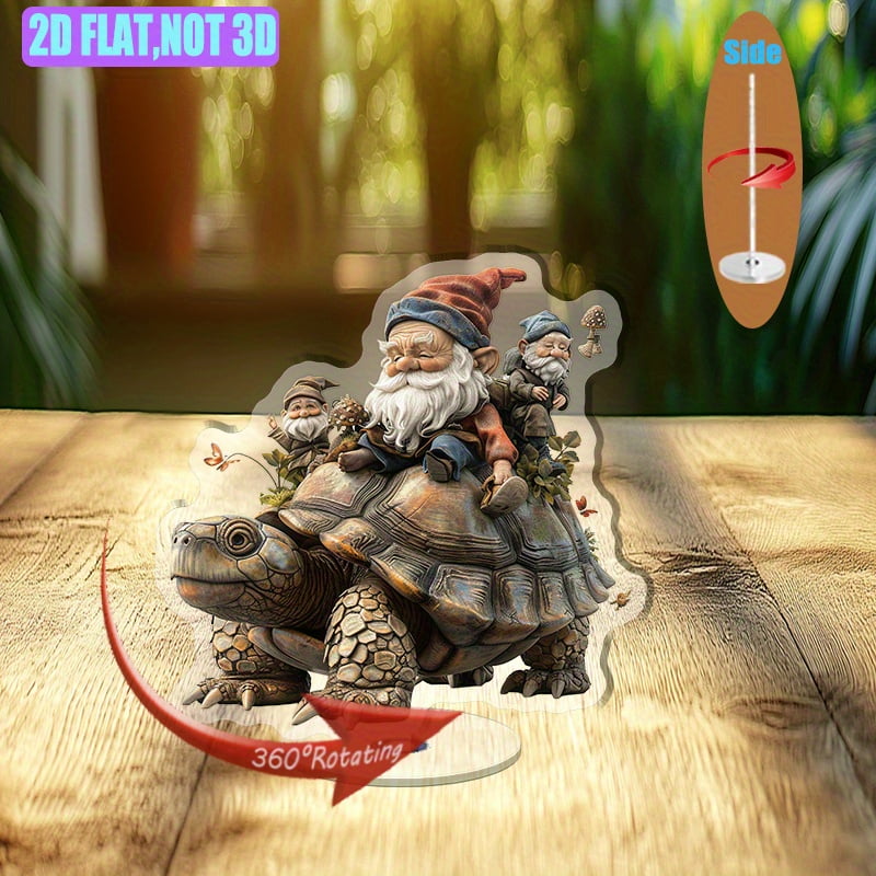 Revolving acrylic ornament featuring garden gnomes riding turtles on a ...