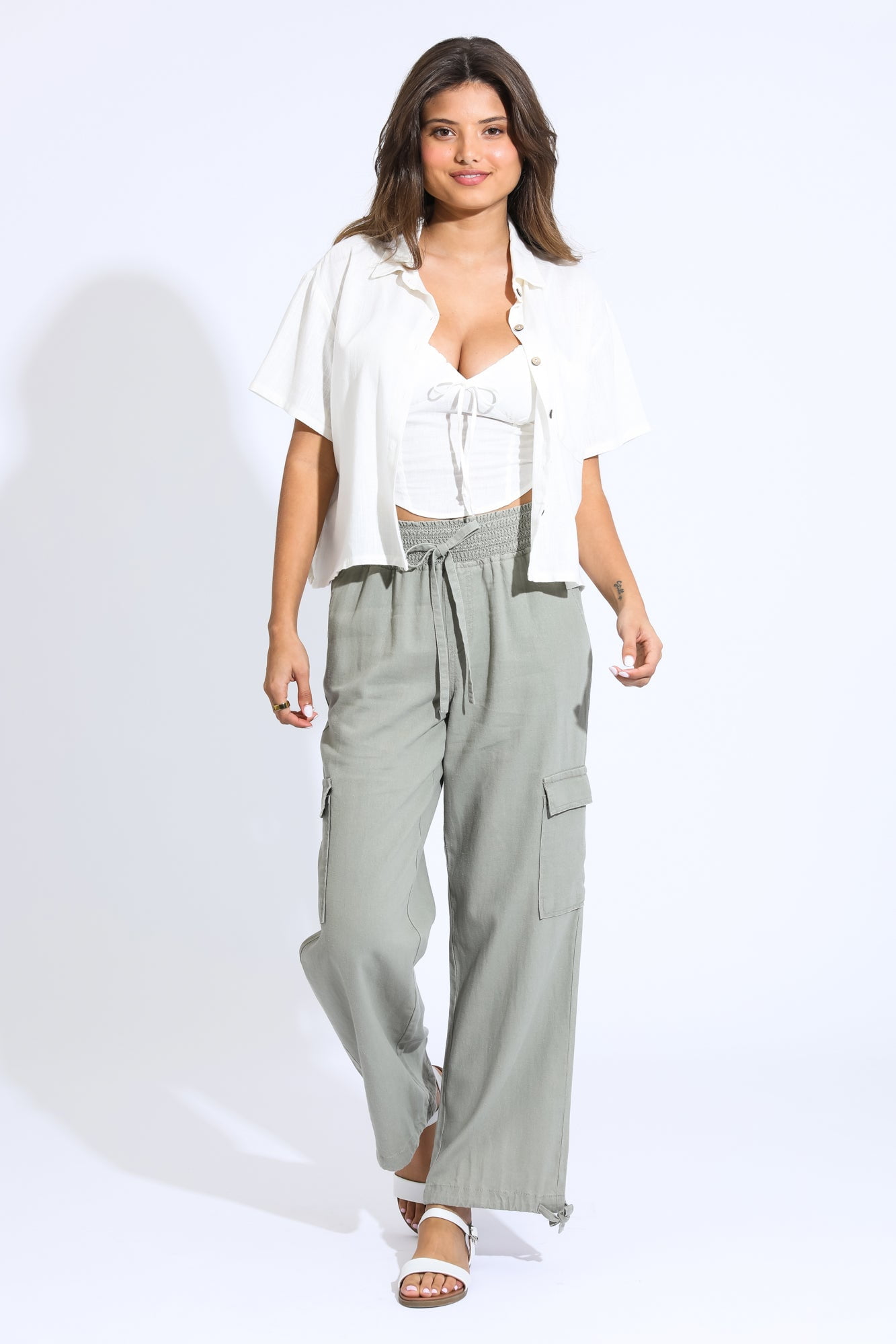 EMMA SMOCKED WAIST CARGO PANT - TREE LEAF - Walmart.com