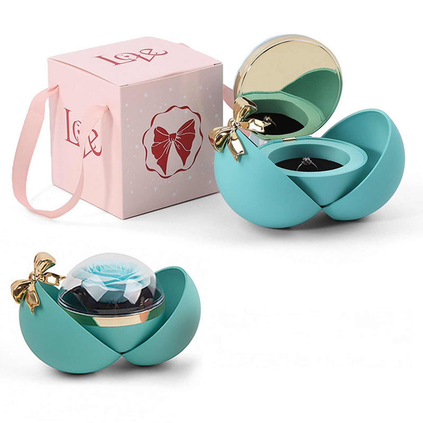 Rewenti Rose Jewelry Box Ring Box Spherical Double Opening Rose Shaped ...