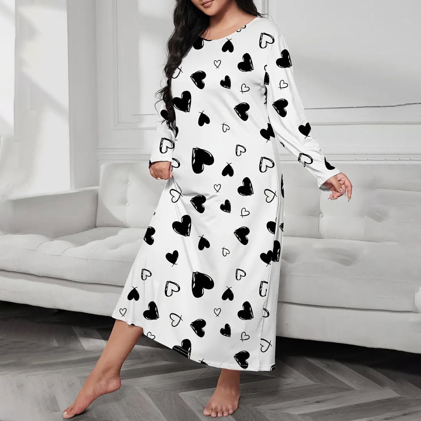Rewenti Women's Plus Size Casual Long Gown Pajamas Soft Long Sleeve ...
