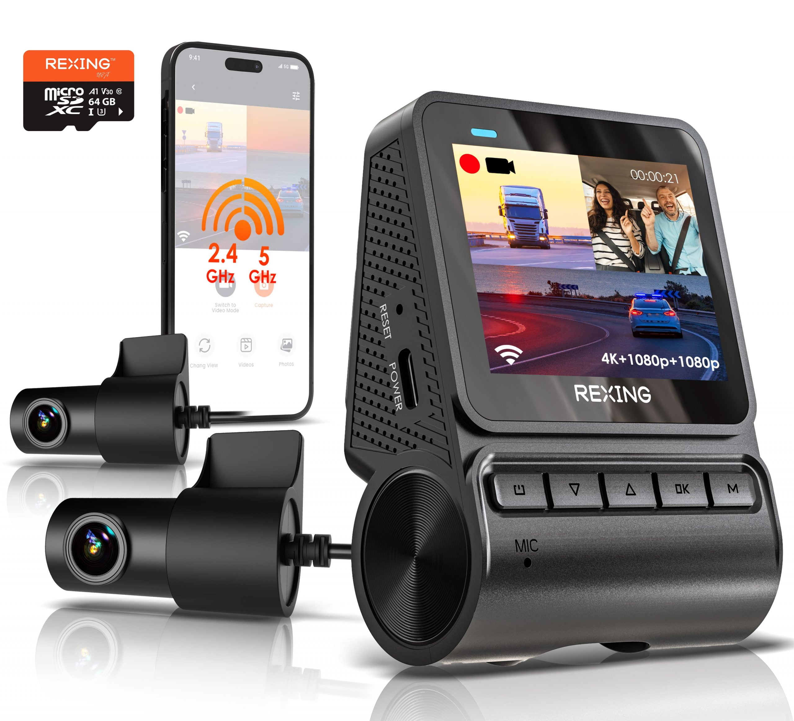 Rexing RH2-3 Triple Channel Dash Cam, 2.5K Front Camera, Dual 1080p ...