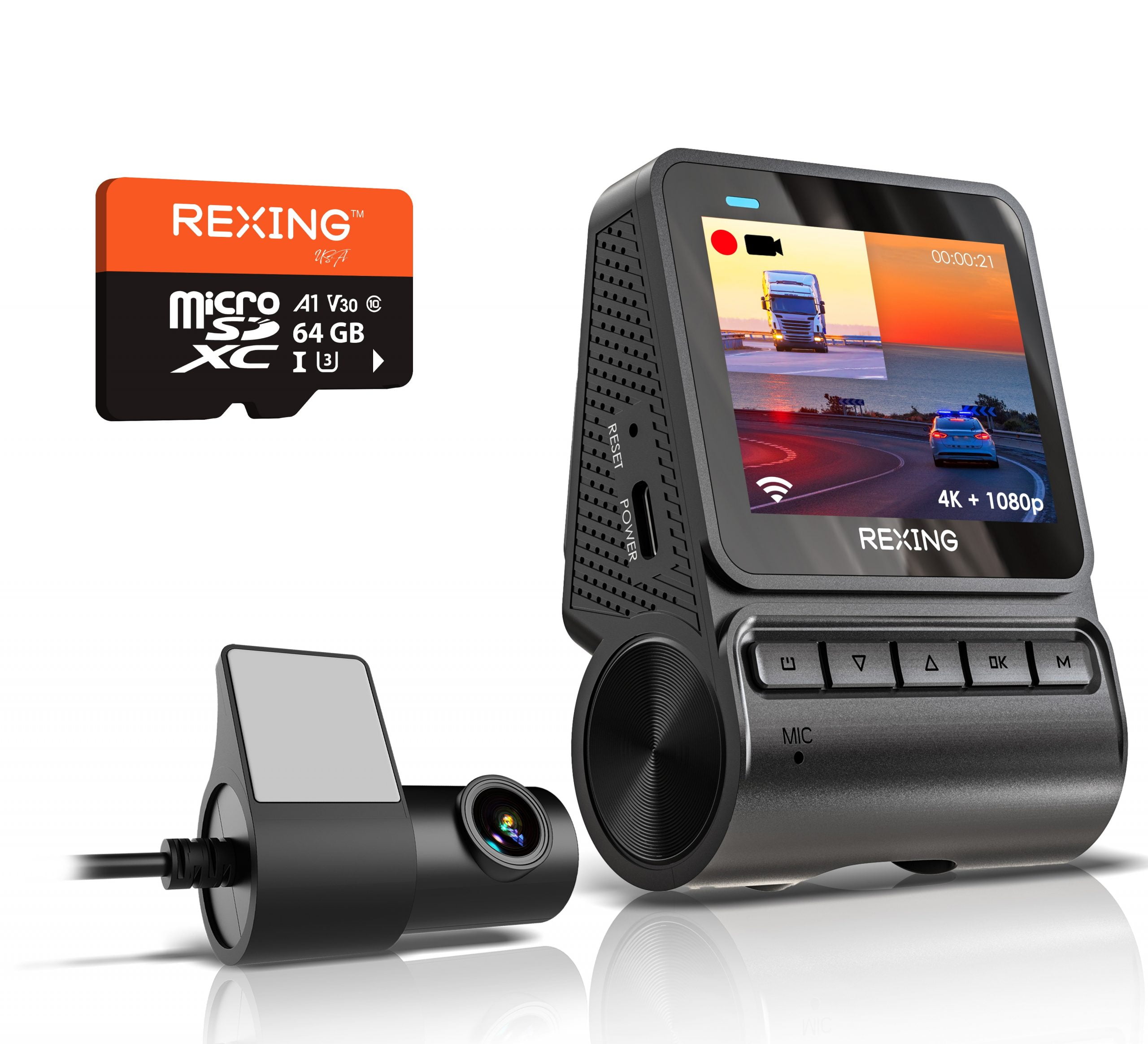 Rexing RH2 Dual Dash Cam – 4K Front and 1080p Rear Dash Camera with Wi ...