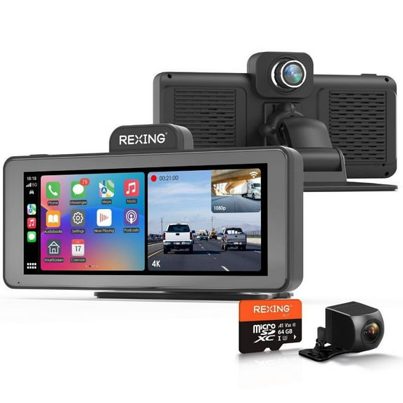 Rexing Wireless Apple CarPlay & Android Auto Display with 4K Dash Cam ...
