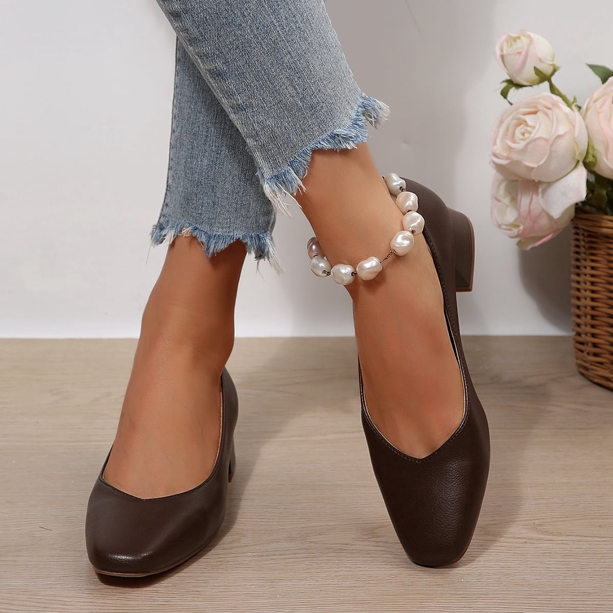 Rexoro Women Pumps V Cut Square Toe Mid Block Heels Dress Shoes Office ...