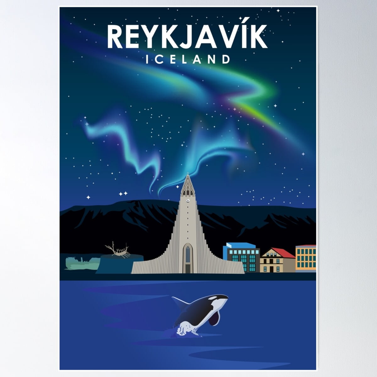Reykjavik Iceland Northern Lights Travel Poster Wall Art, Modern Wall ...