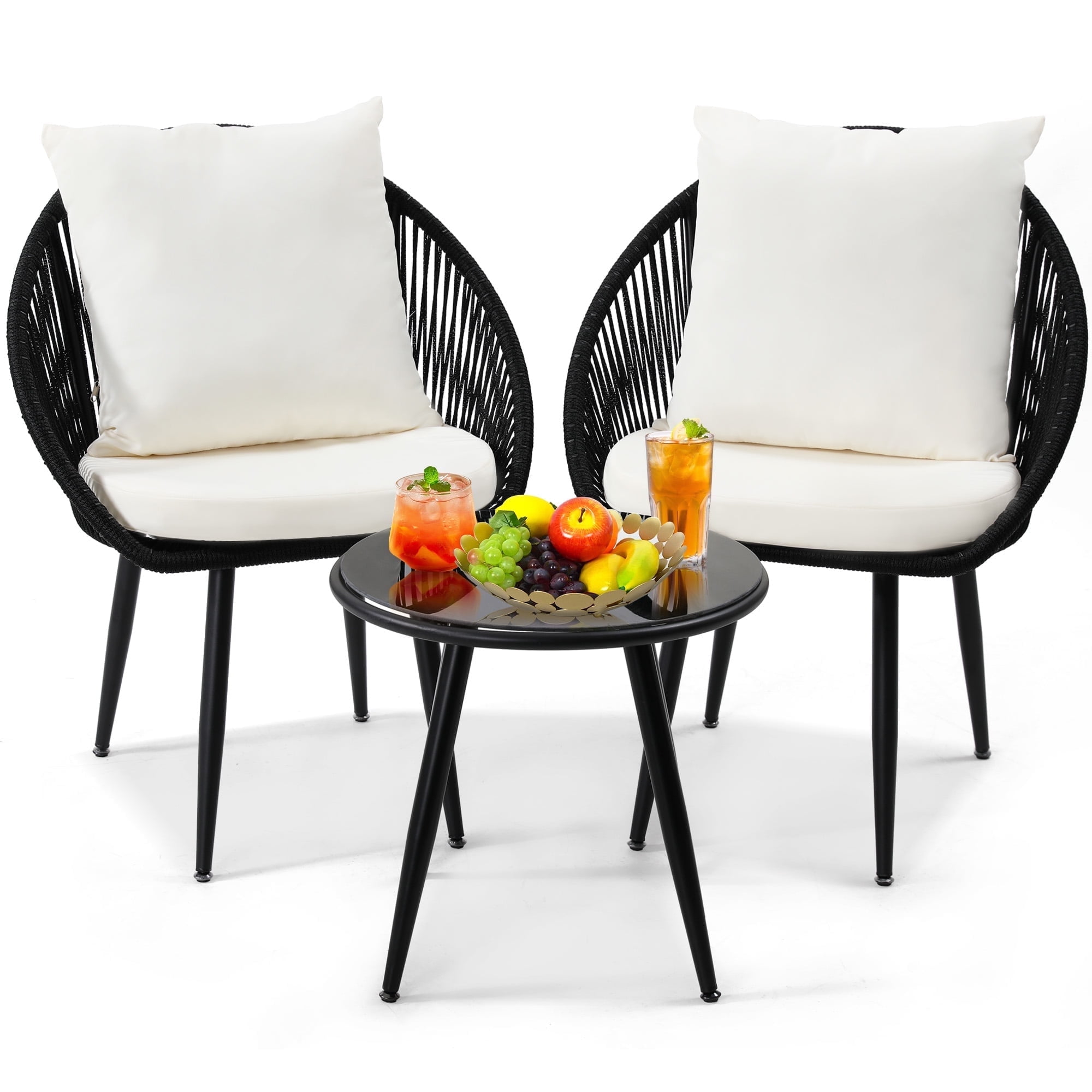 LOGYAT 3 Piece Bistro Set, Woven Rope Chairs with Cushions, All-Weather ...