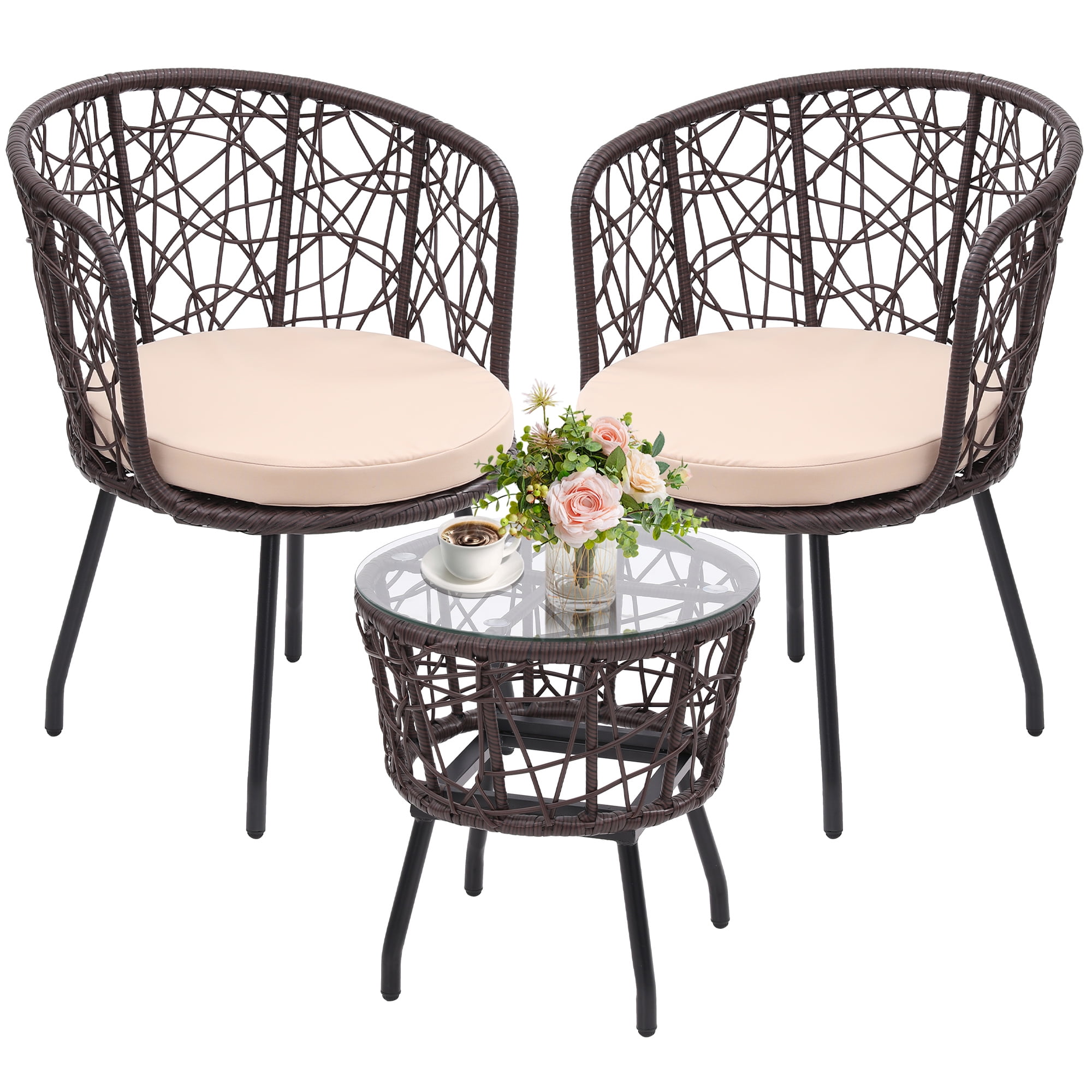 Reyletex Boho 3 Piece Bistro Set, Modern Outdoor Wicker Patio Furniture ...