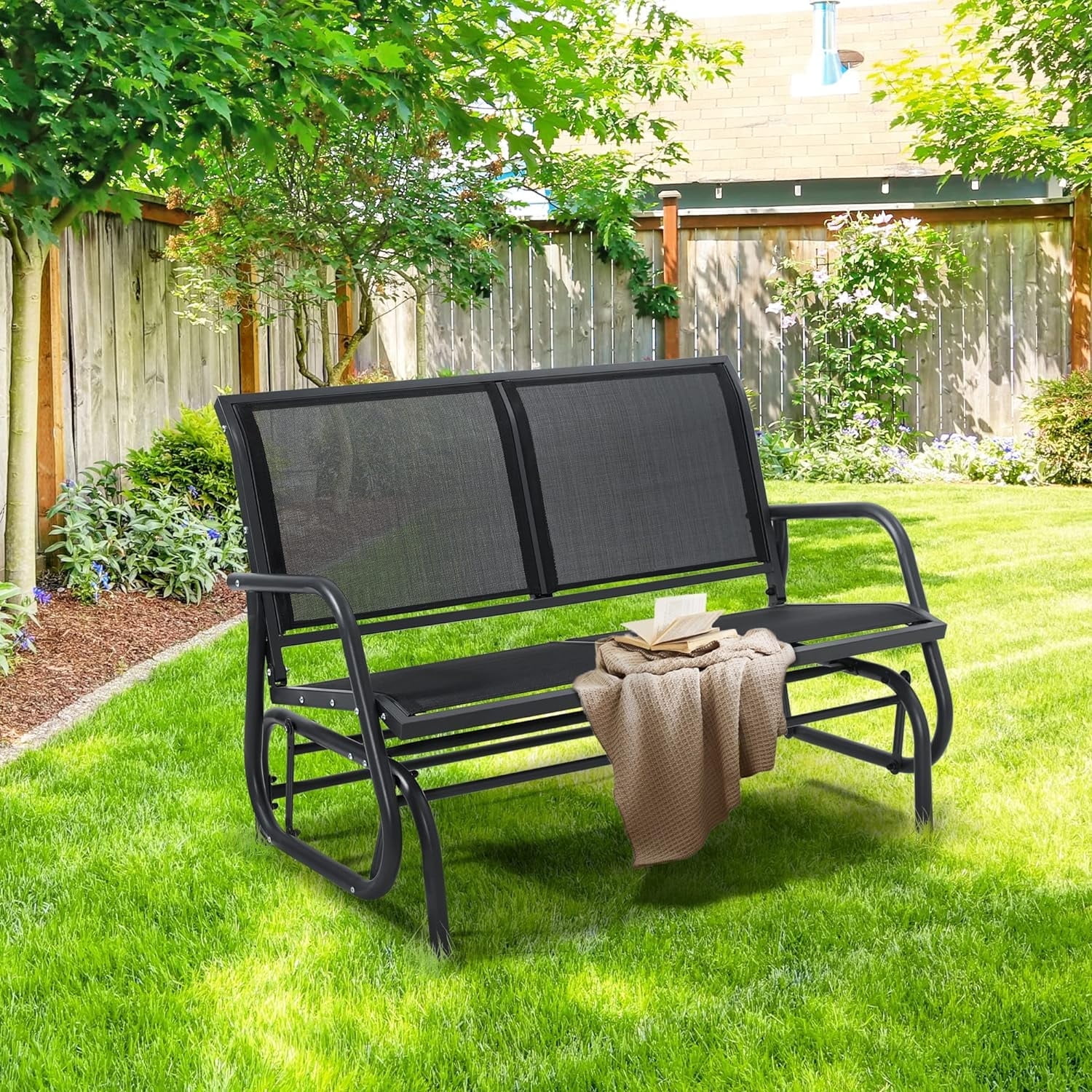 KROFEM Double Lawn Deck Front Glider Bench with High Backrest, Outdoor ...