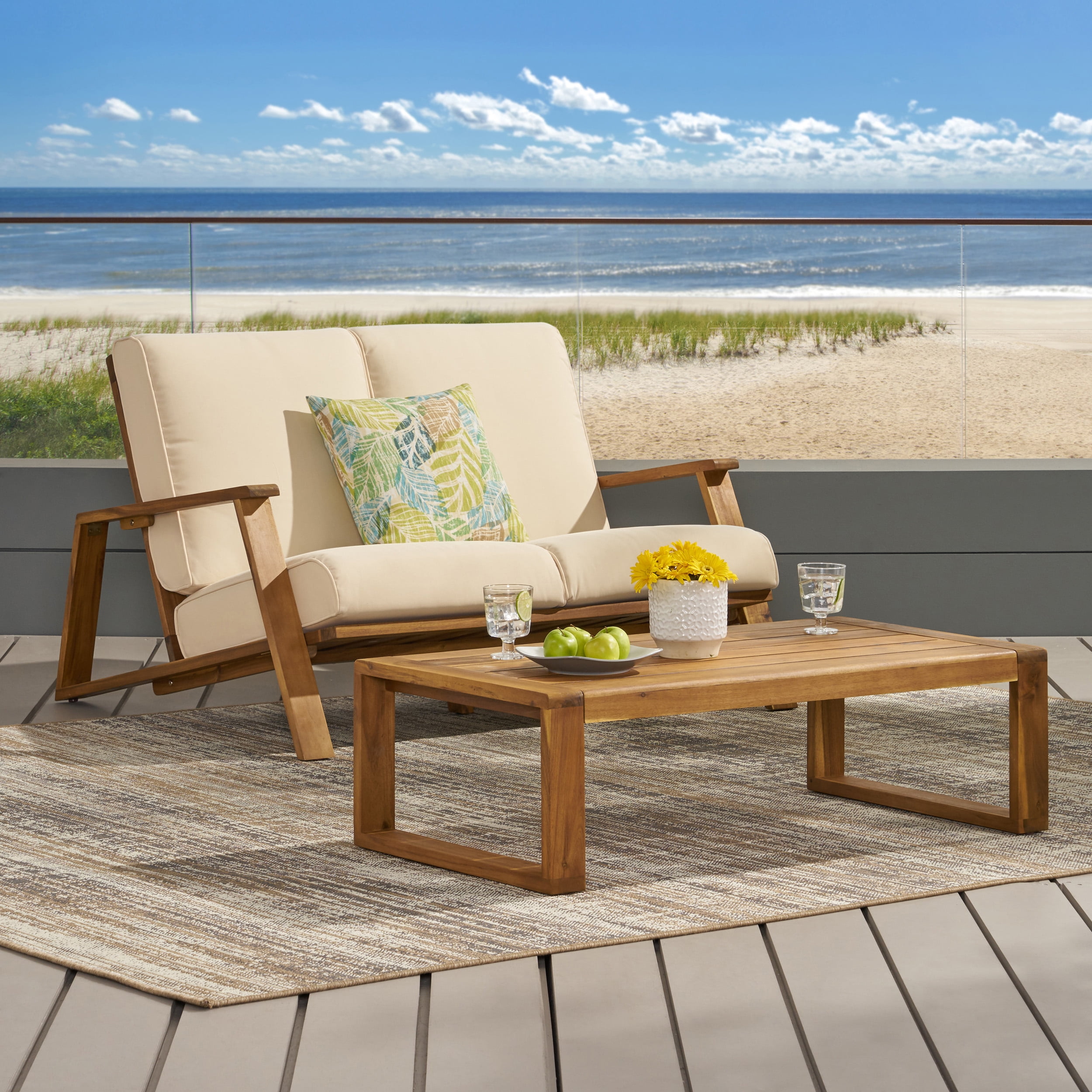 Reyna Outdoor Acacia Wood Loveseat Set with Coffee Table, Teak, Beige ...