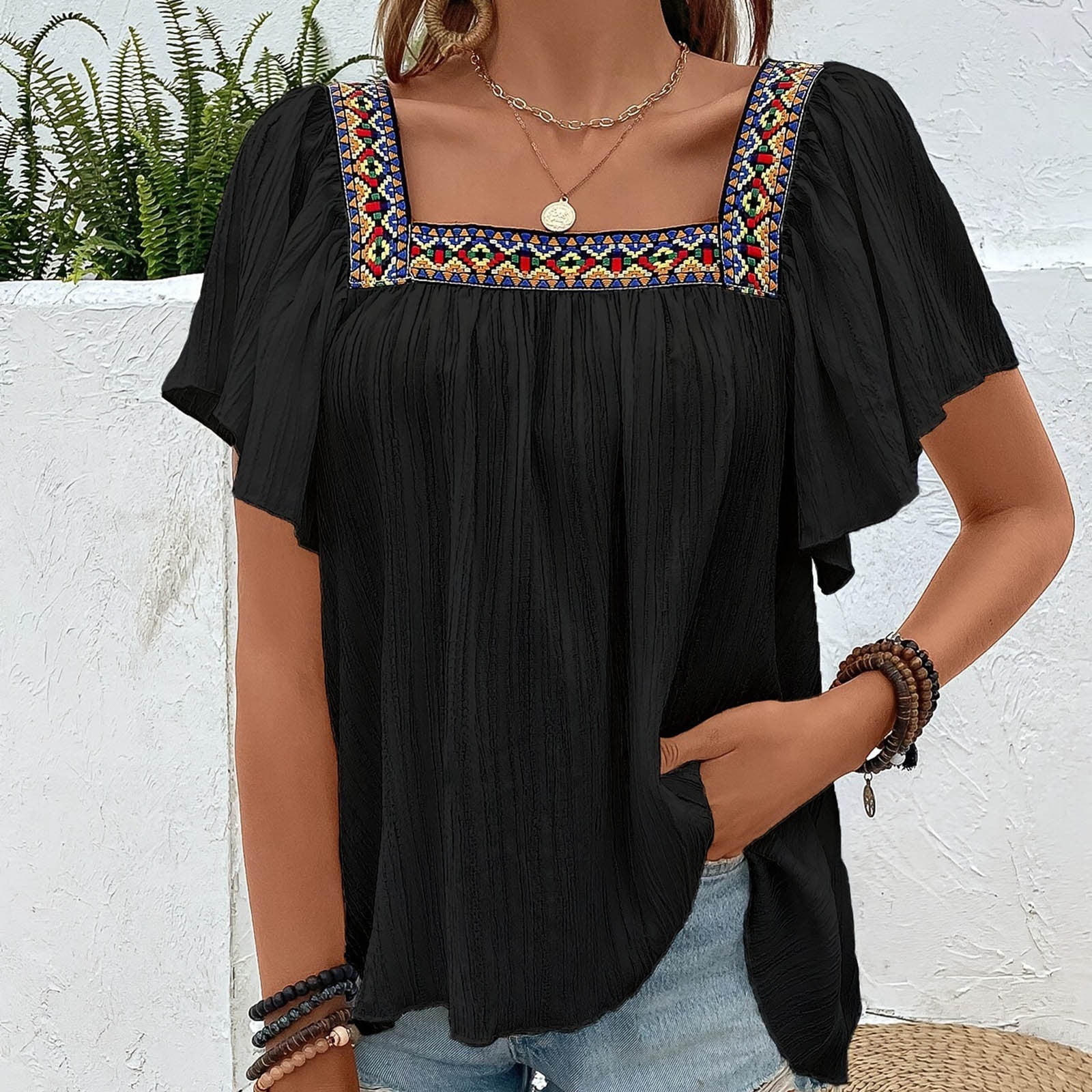 Rezuofi 1 Pcs Shirts for Women Boho Embroidered Short Butterfly Sleeve ...