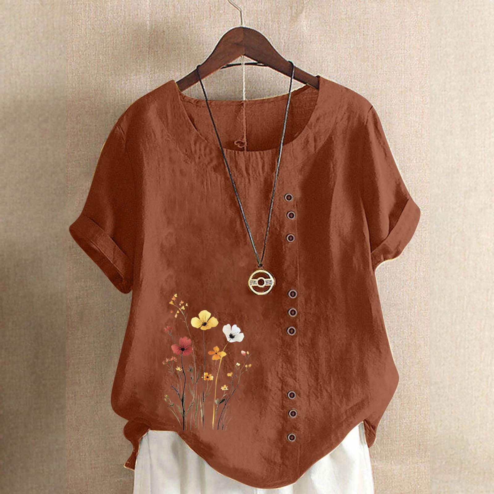Rezuofi 1 Pcs Women Floral Print Linen Shirts Short Sleeve Gauze Tops ...
