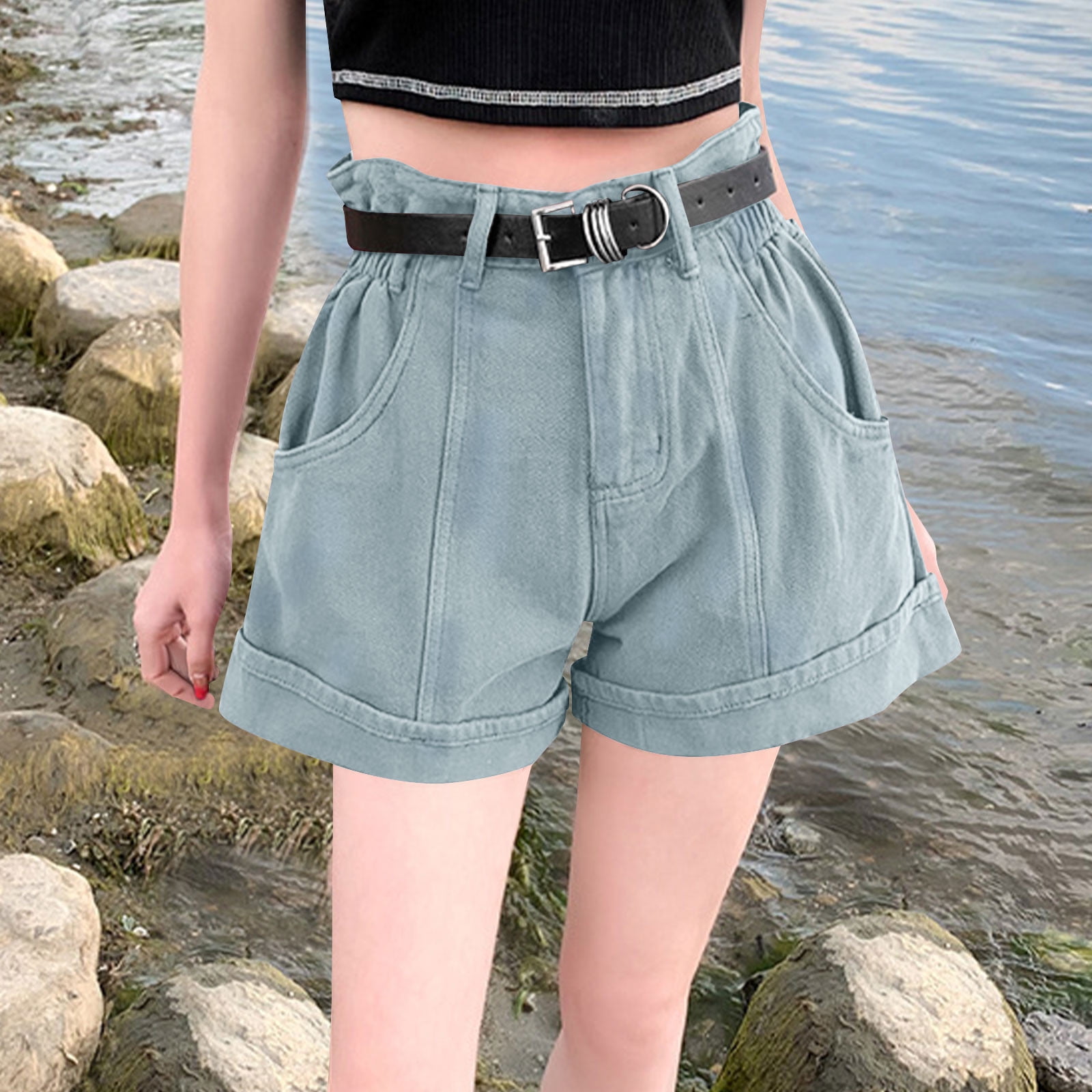 Rezuofi 2 Pcs Women Demin Shorts High Waisted Wide Leg Jean Shorts with ...