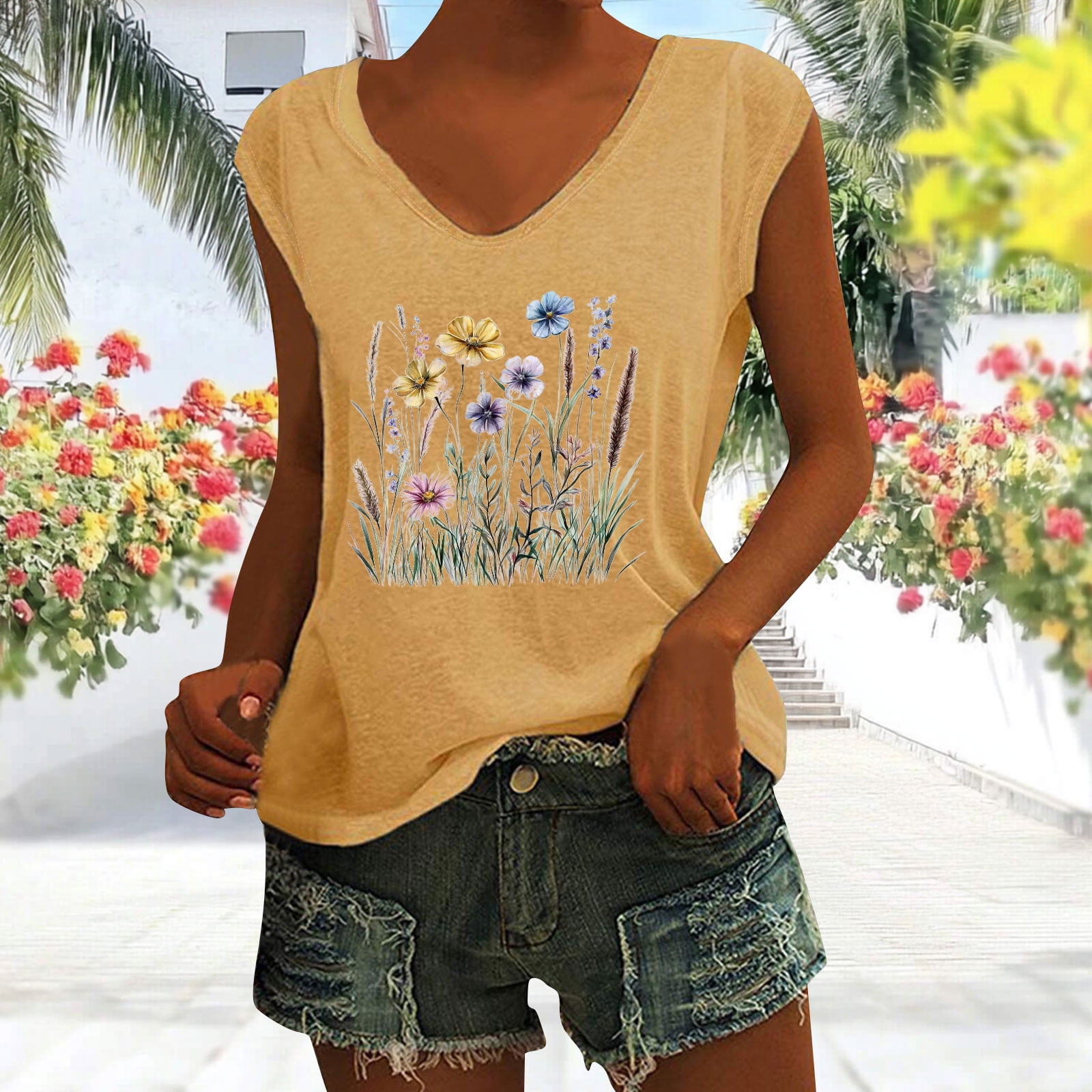 Rezuofi 2 Pcs Womens Cap Sleeve Vintage Flowers V Neck Shirt Boho ...