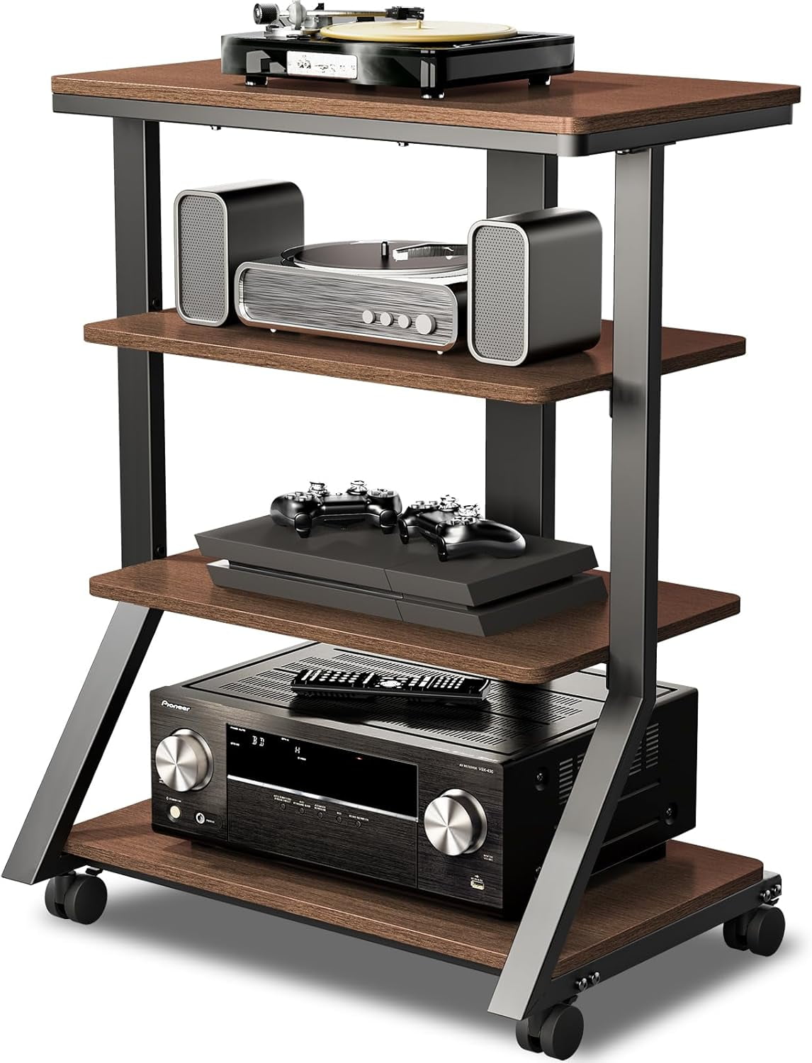 Rfiver 4-Tier AV Media Stand with Wheels, Mobile Rack Audio Tower with ...