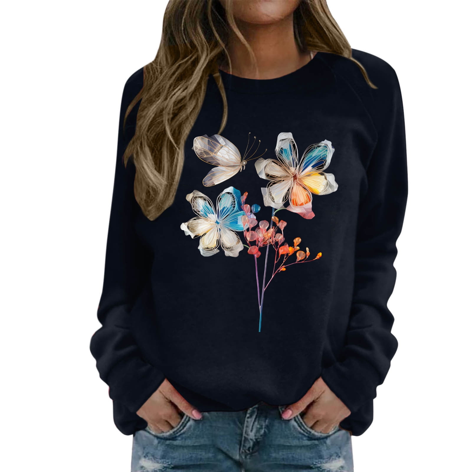 Rgdypko Womens Fashion Versatile Tops Casual Round Neck Raglan Long Sleeve Beautiful Crystal