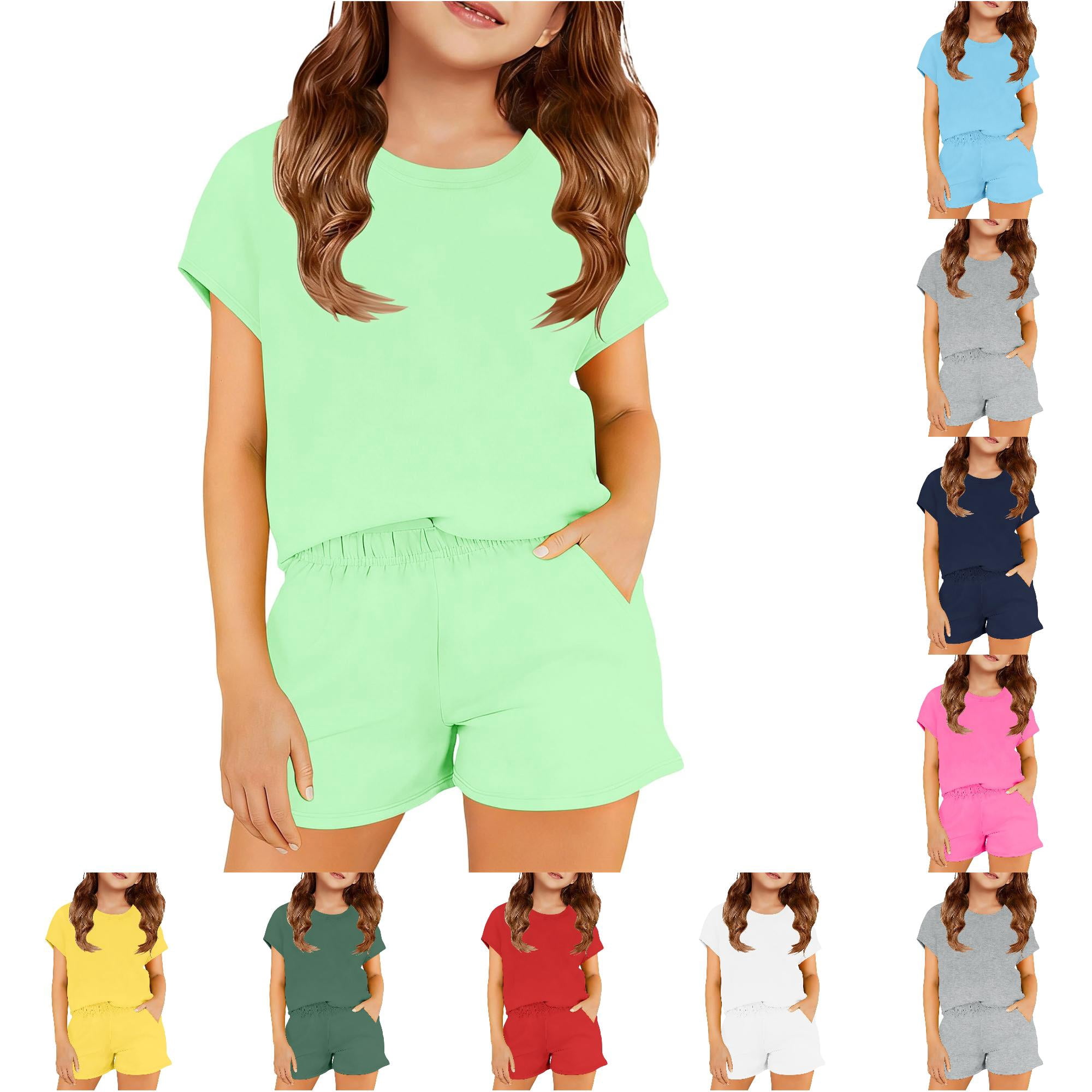 Rggeeun Girls Child Clothes Sets Solid Color Short Sleeve Crew Neck ...