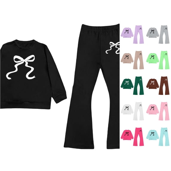 Rggeeun Girls Child Outfit Sets Cute Bow Print Long Sleeve Crew Neck ...