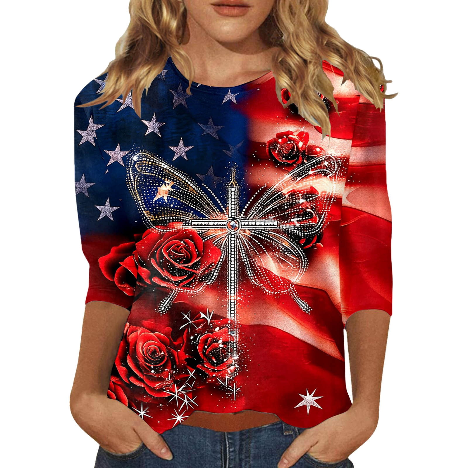 Rggeeun Women T-Shirts Stars & Stripes Print Floral & Butterfly ...