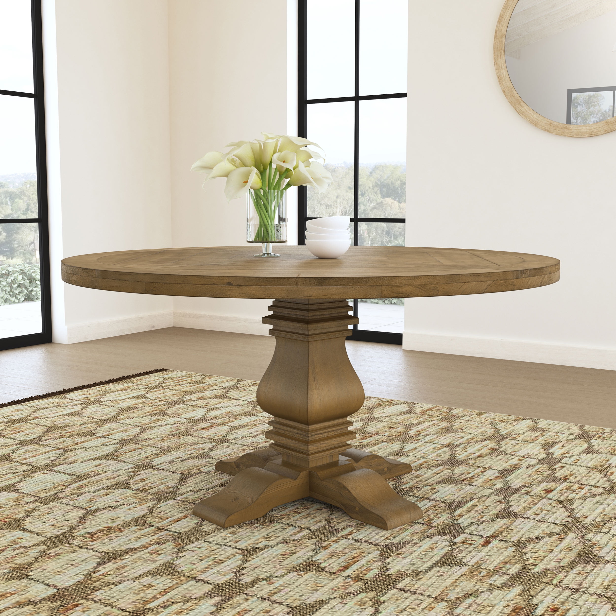 Rhea Rustic Honey Round Wood Dining Table - 60" Pine & Mahogany, Rustic ...