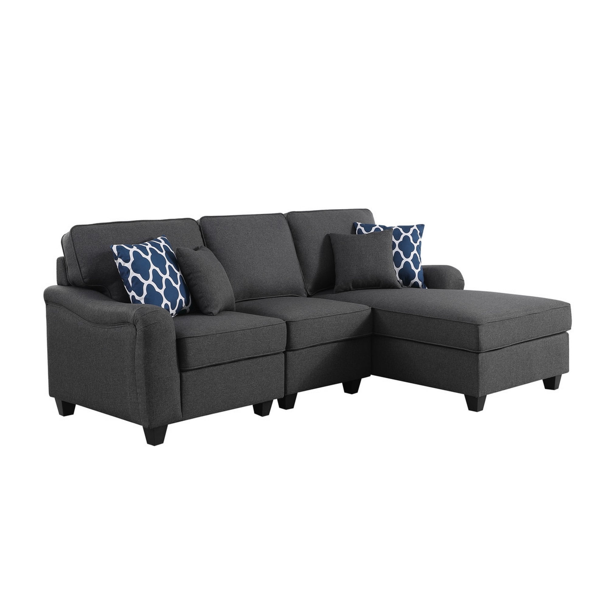 Rhett 3 Piece Modern Sectional Sofa Chaise with Padded Seats, Dark Gray ...