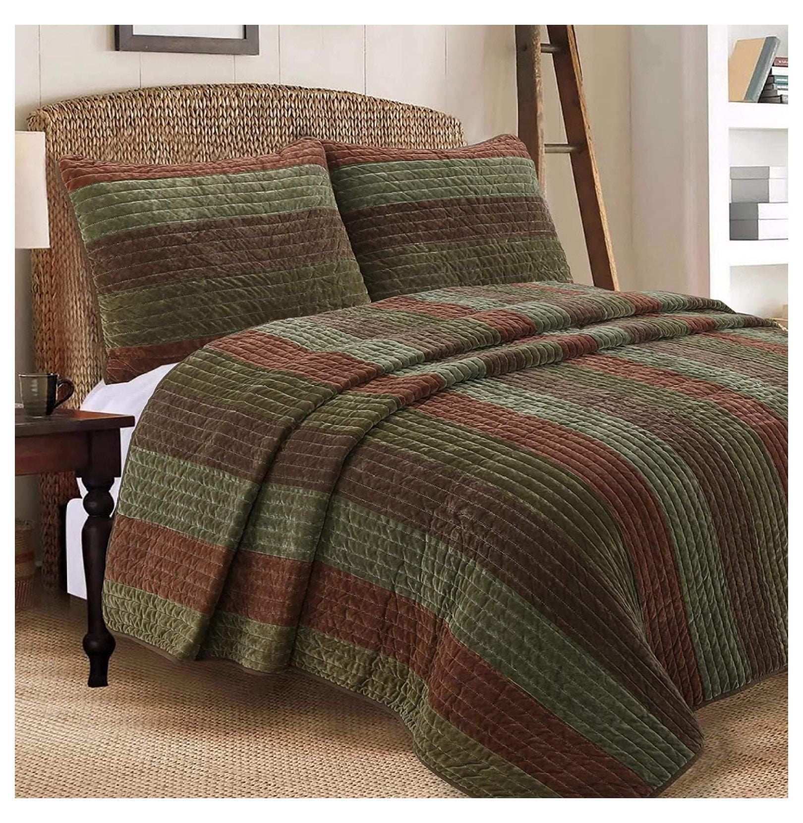 Rhett Dark Brown Sage Green Bold Striped Velvet Reversible Quilt ...