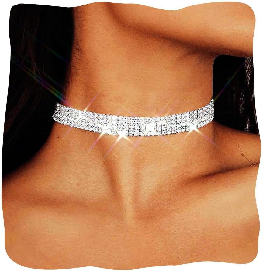 Rhinestone Choker Necklace Sparkly Row Silver Diamond Chokers Crystal ...
