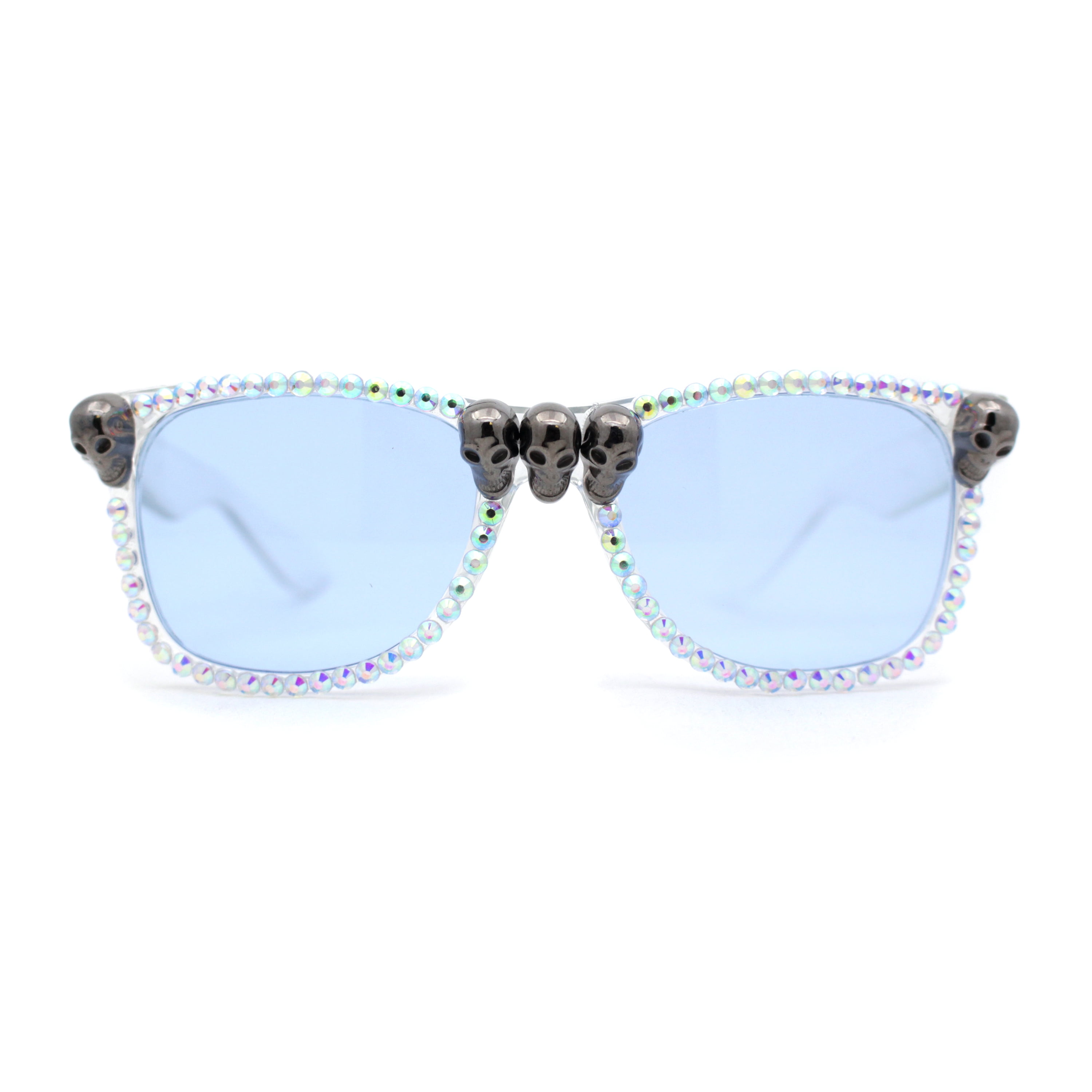 Rhinestone Death Metal Skull Classic Horn Rim Plastic Sunglasses Clear ...