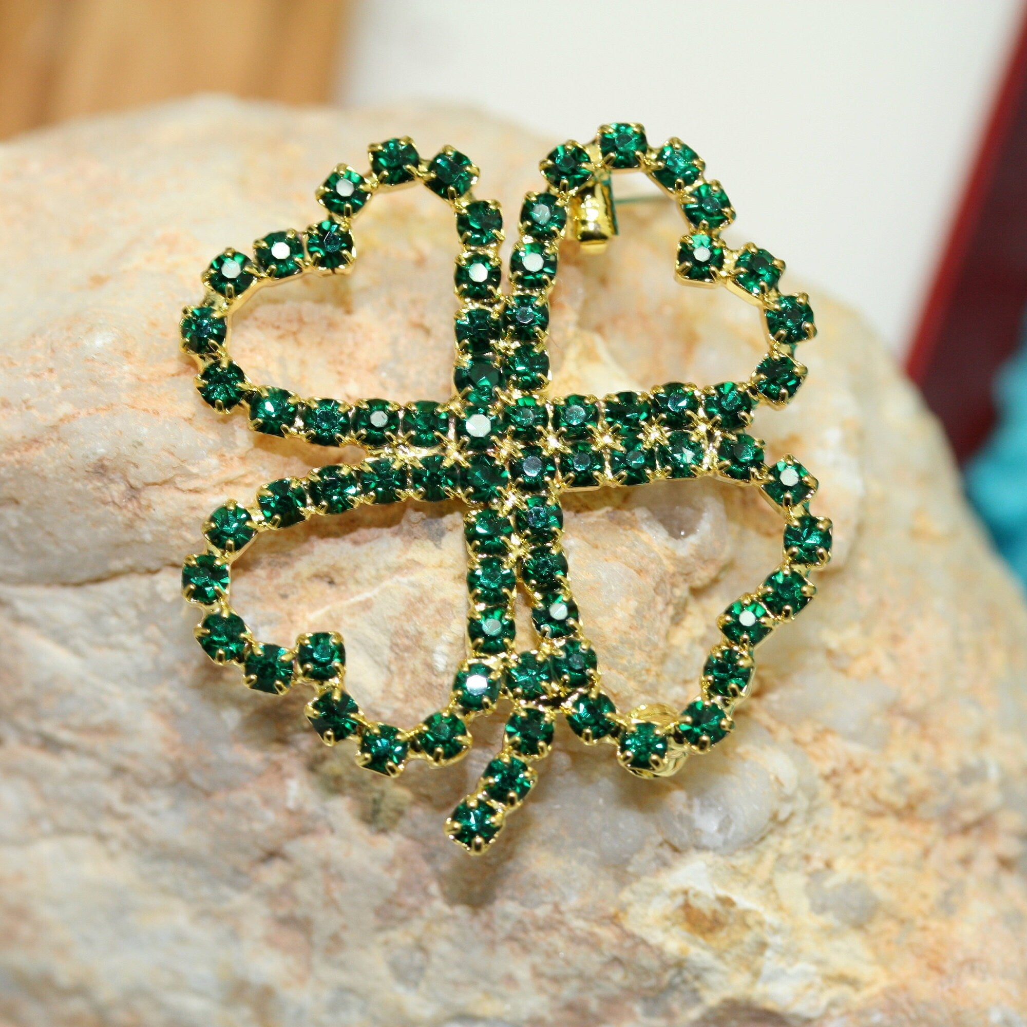Rhinestone Emerald Shamrock Four-leaf Clovers Brooch Pin, Irish St. Patrice's Day Shamrock ...
