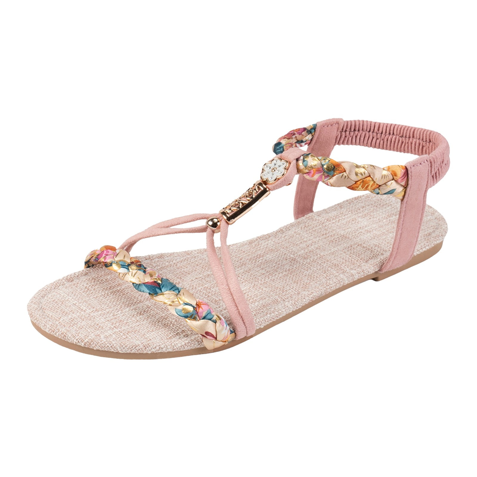 Rhinestone Flat Sandals Women Bohemian Braided Elastic Ankle Casual ...