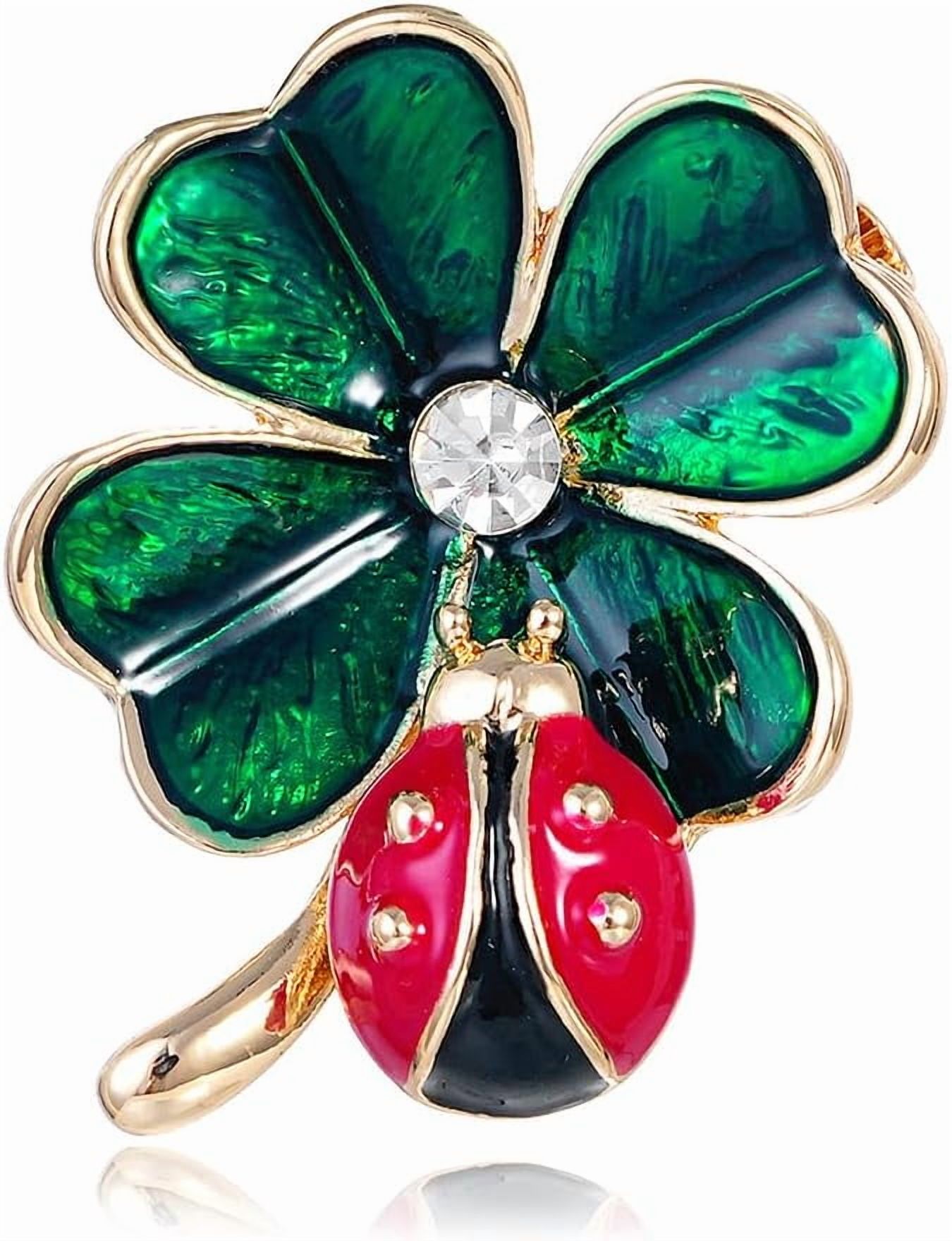 Rhinestone Four Leaf Clover Ladybug Brooch Pin for Women Gold-Toned ...