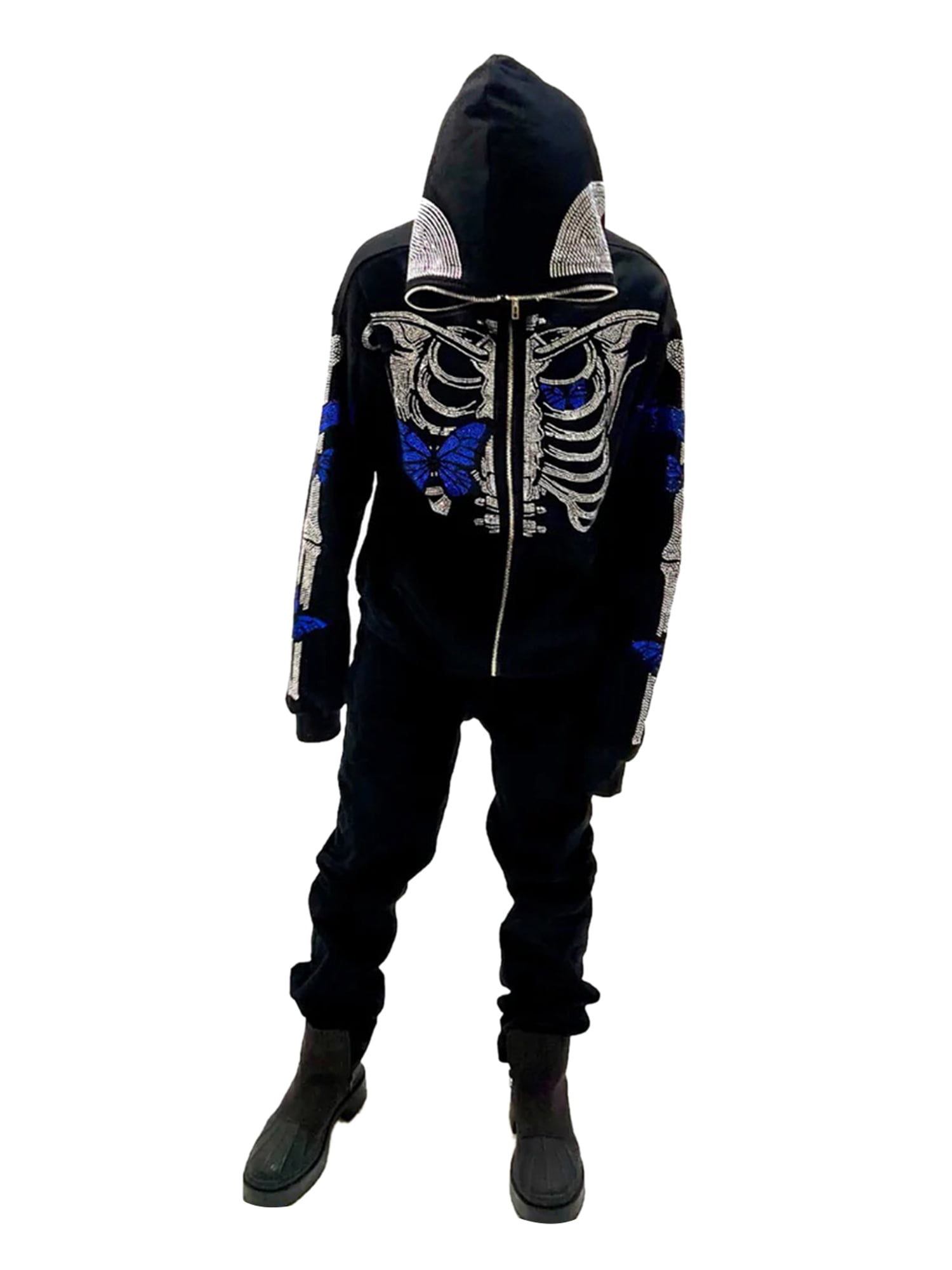 Rhinestone Graphic Hoodie with Head Cover,Oversized Aesthetic Skeleton Skull Jacket Streetwear ...