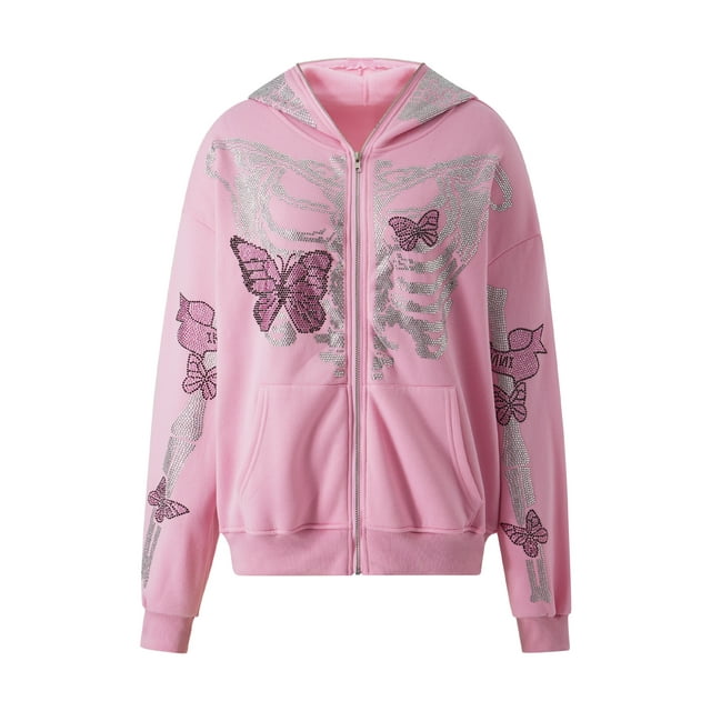 Rhinestone Graphic Hoodie with Head Cover,Oversized Aesthetic Skeleton Skull Jacket Streetwear ...