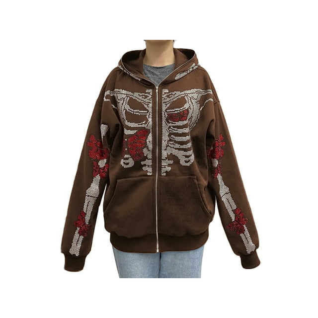 Rhinestone Graphic Hoodie with Head Cover,Oversized Aesthetic Skeleton Skull Jacket Streetwear ...