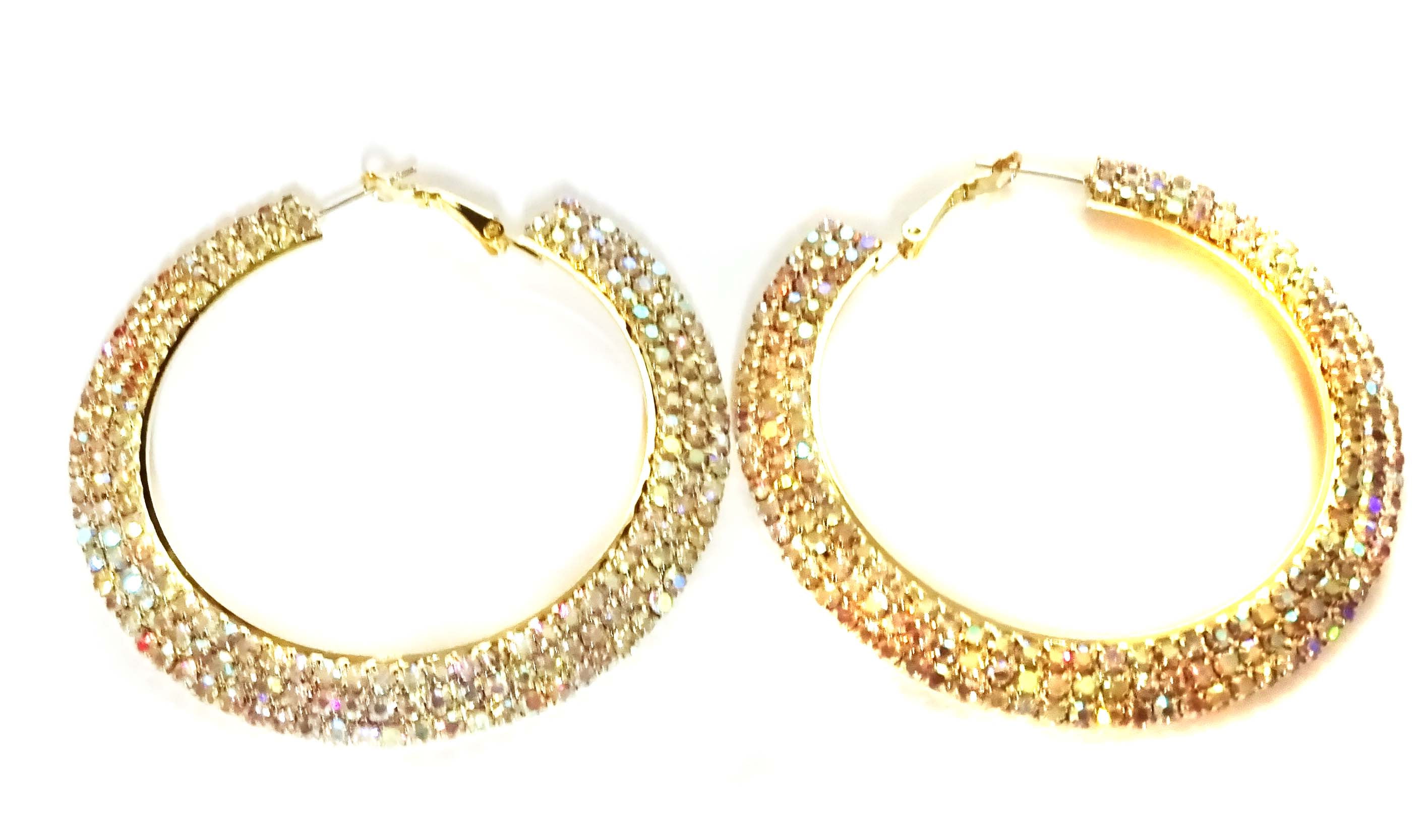 Rhinestone Hoop Earrings Iridescent Crystal Gold Tone 2.5 inch Hoops ...