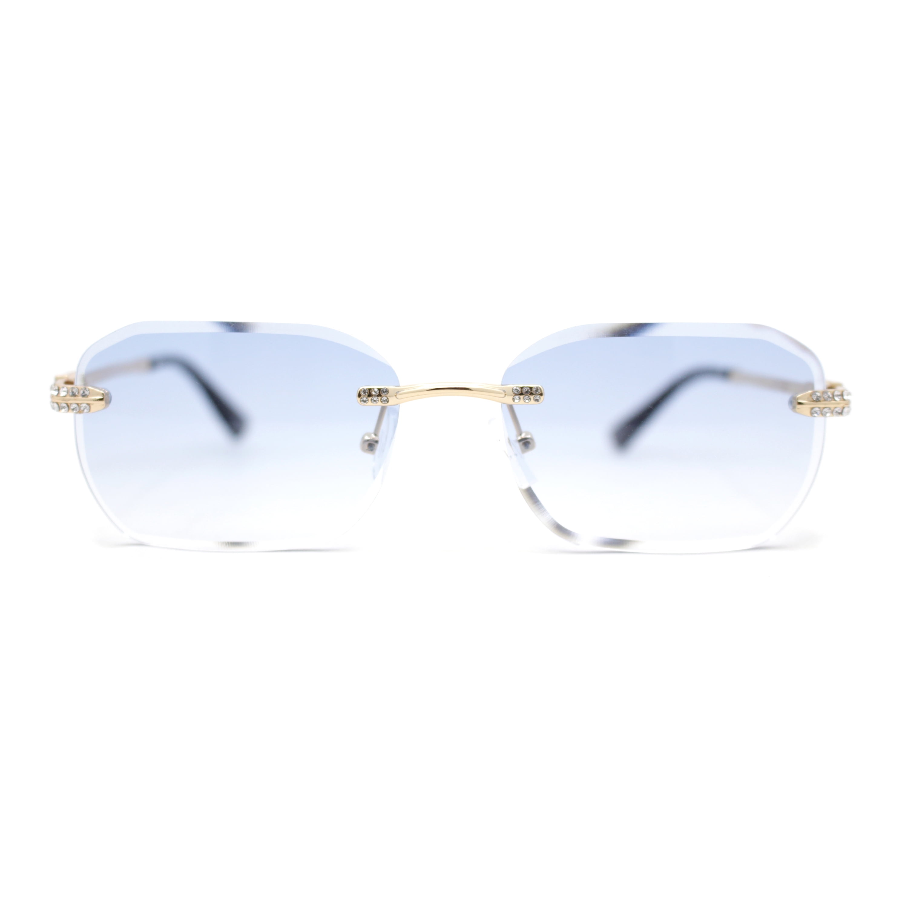 Rhinestone Jewel Stud Metal Rimless Bevel Lens Rectangle Sunglasses ...
