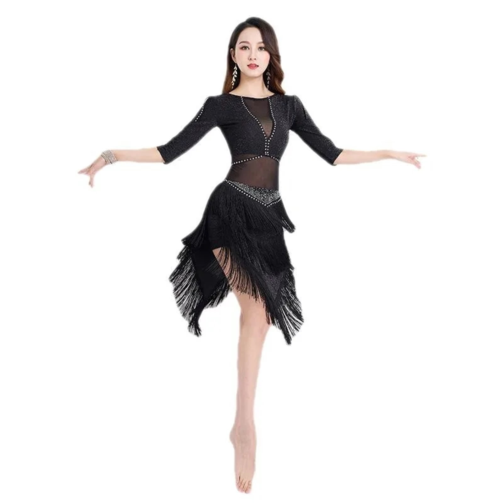 Rhinestone Latin Dance Dress Mesh Splicing Latin Outfit Women Sequin ...