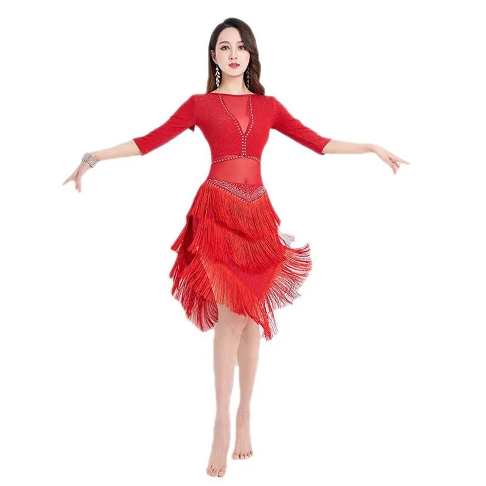 Rhinestone Latin Dance Dress Mesh Splicing Latin Outfit Women Sequin ...