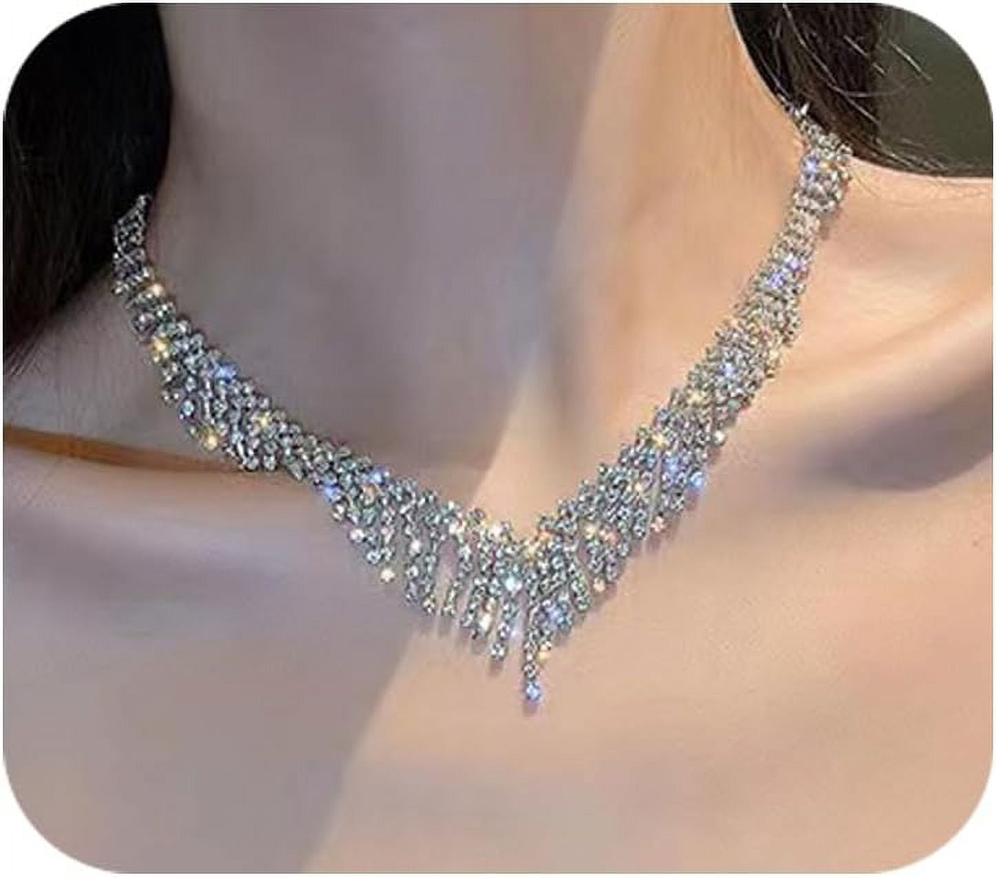 Rhinestone Necklace For Women Sparkly Crystal Rhinestone Choker Tennis Chain Fringe Long ...