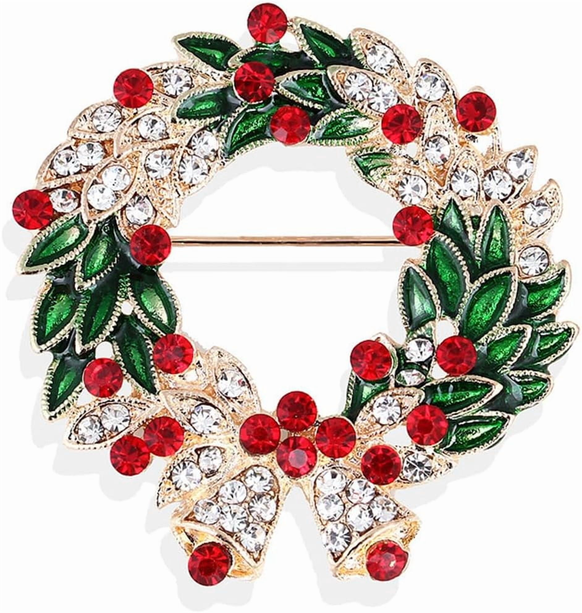Rhinestone Red Green Wreath Brooch Pin for Women Gold-Toned Fashion ...