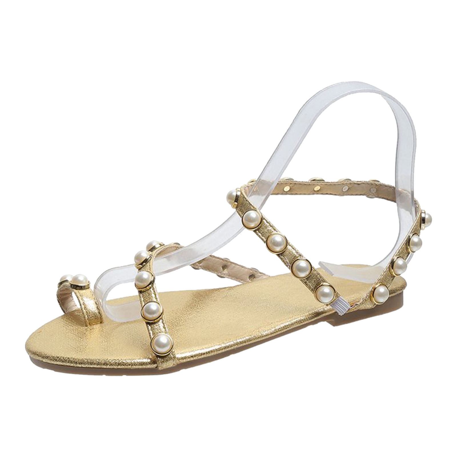 Rhinestone Sandals for Women Dressy Bohemian Pearl Crystal Flat Sandals ...