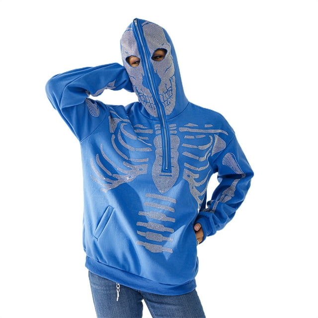 Rhinestone Skull Skeleton Oversized Hoodie Jacket Men Women Goth ...