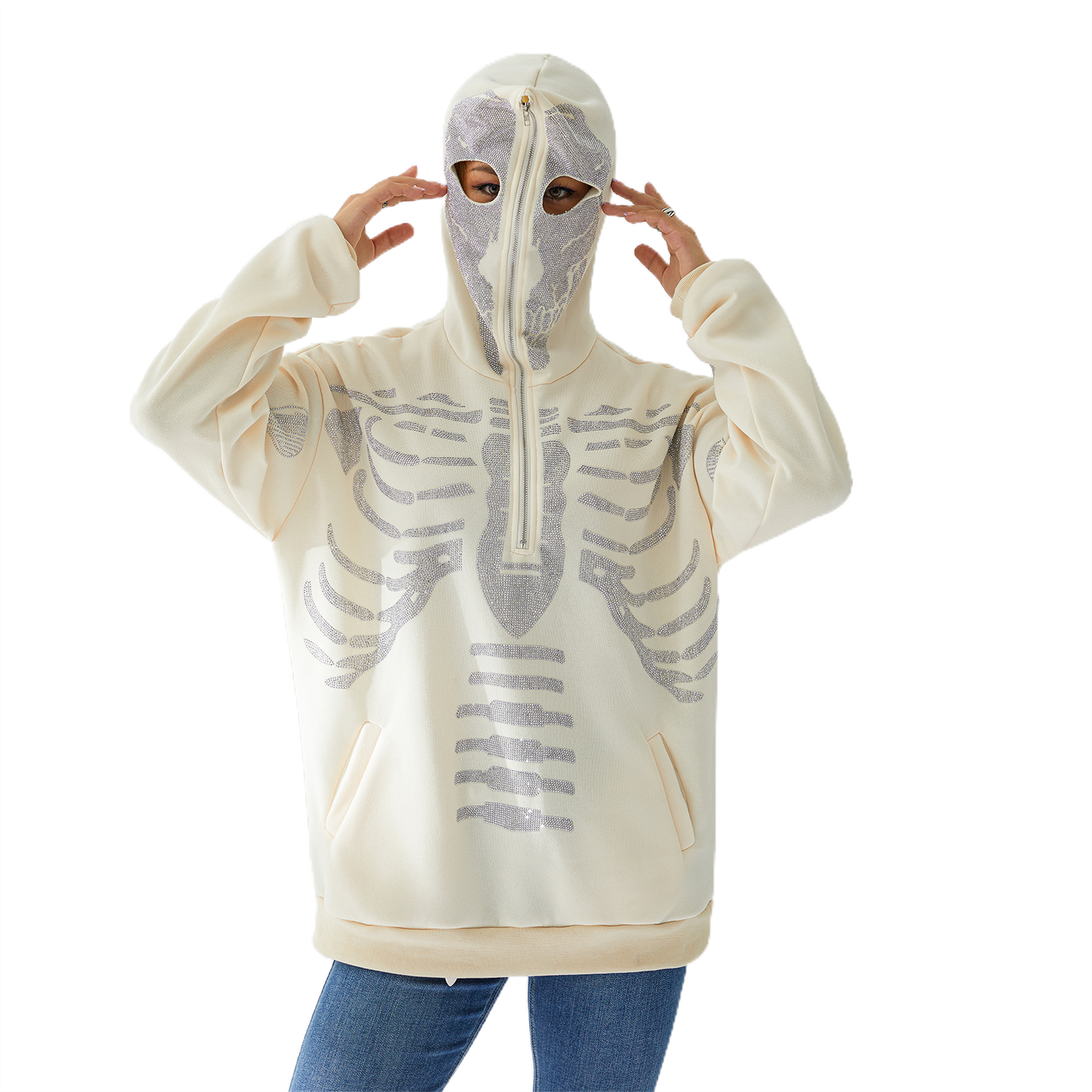 Rhinestone Skull Skeleton Oversized Hoodie Jacket Men Women Goth Harajuku Y2K Grunge Zip Up ...