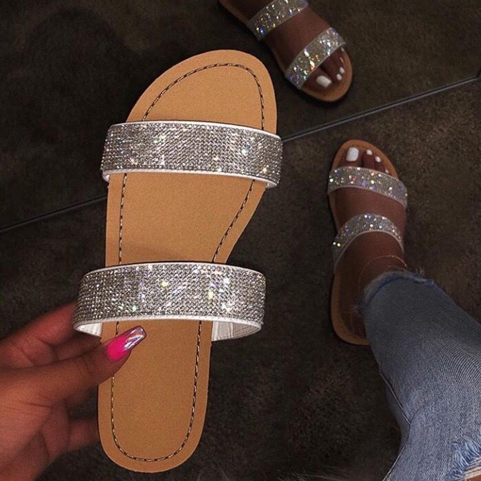 Rhinestone Slide Sandals Women Girls Dressy Low Wedge Sandal Summer ...