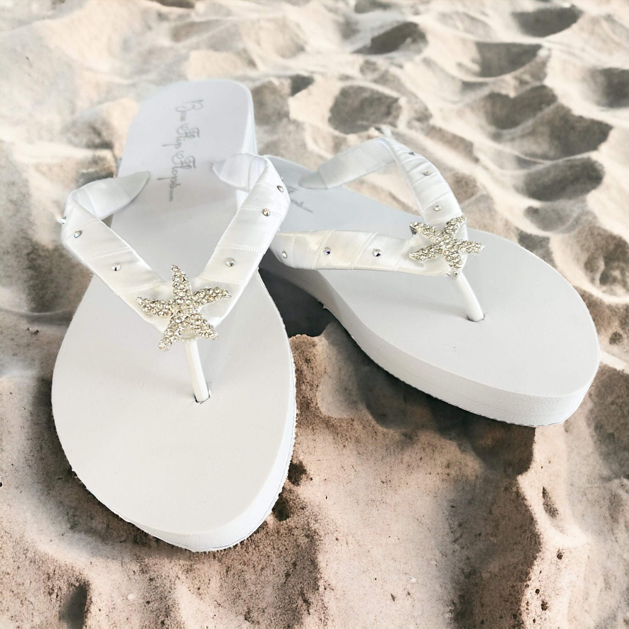 Rhinestone Starfish Flip Flops in White 1.25 Inch Heel, Satin and ...