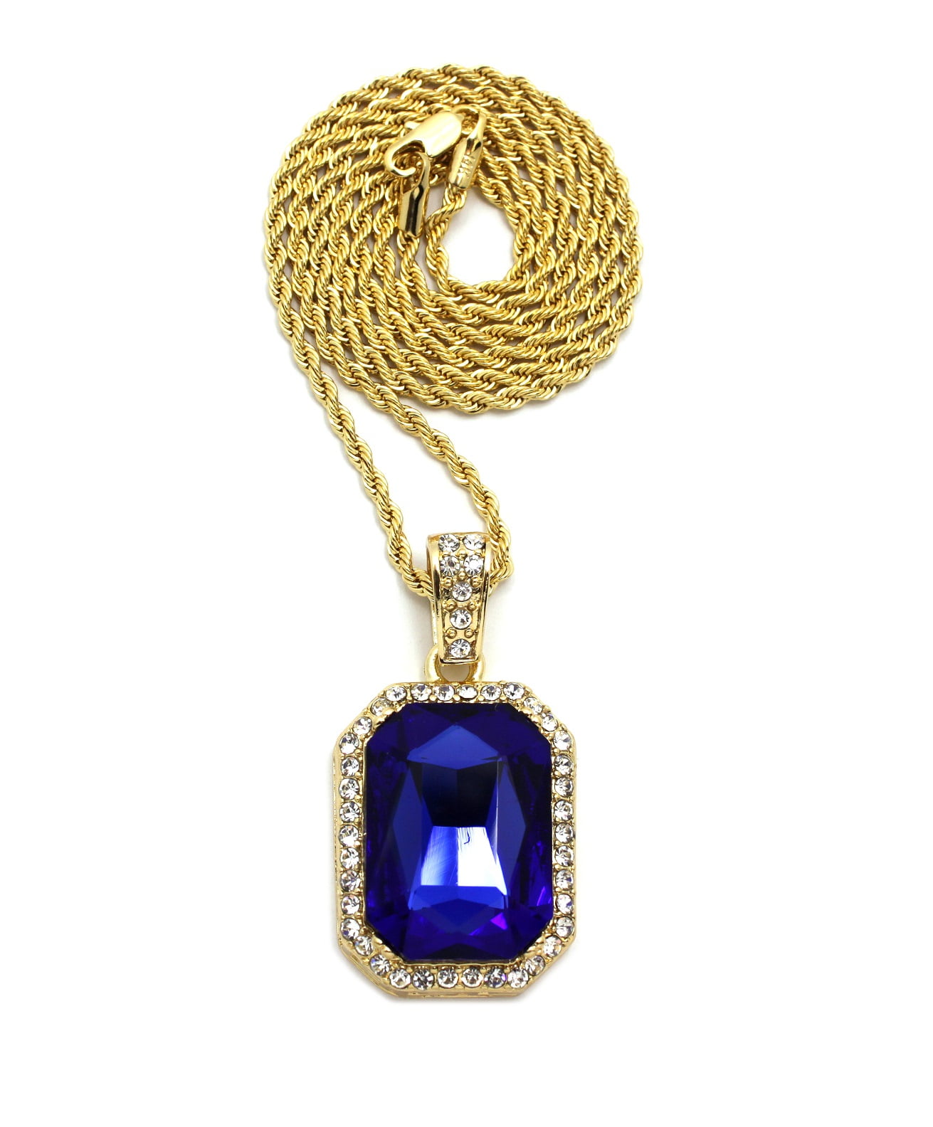 Rhinestone Studded Colored Gemstone Pendant w/ 3mm 18" Rope Chain ...