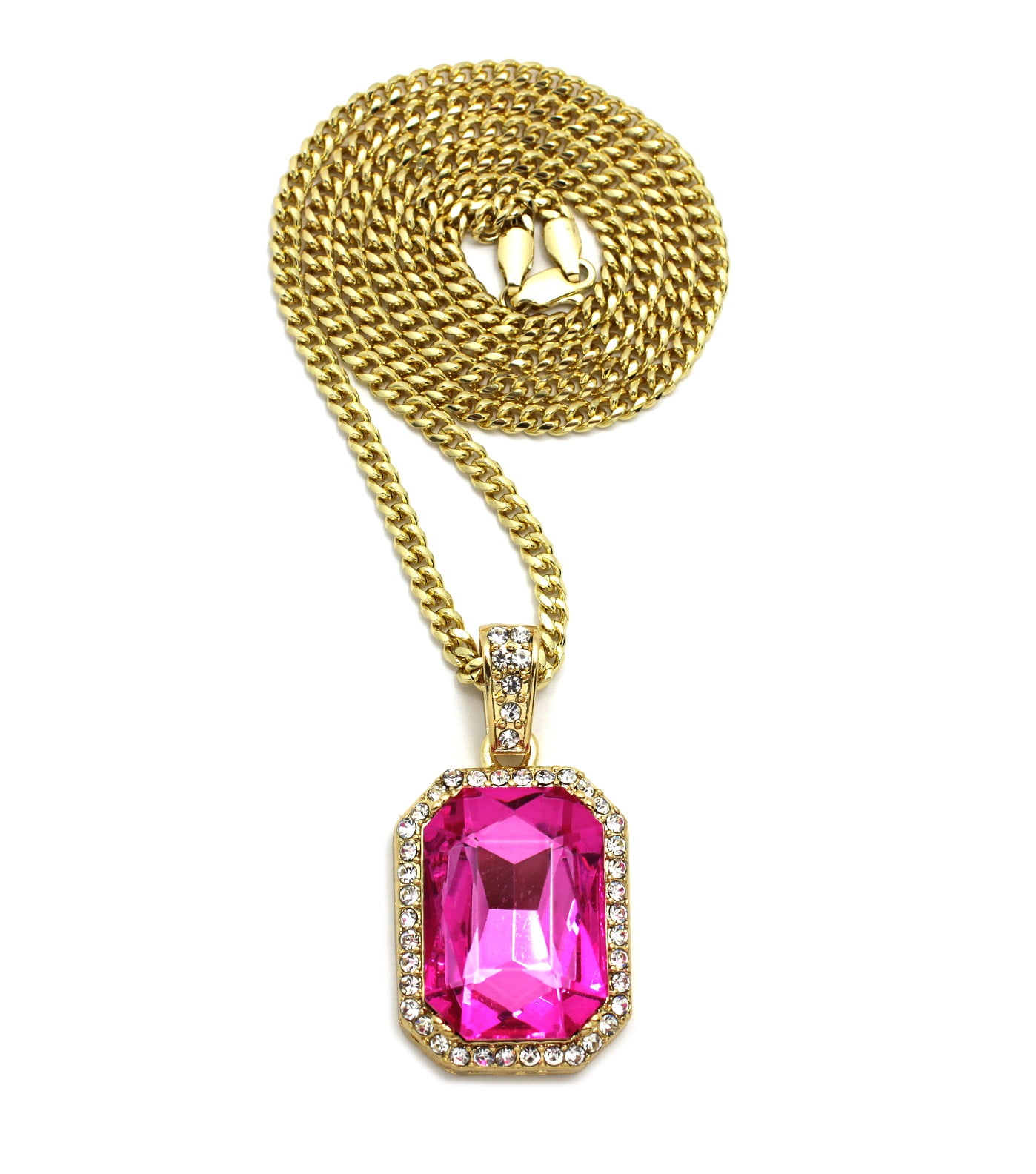 Rhinestone Studded Colored Gemstone Pendant w/ 3mm 24" Cuban Chain ...