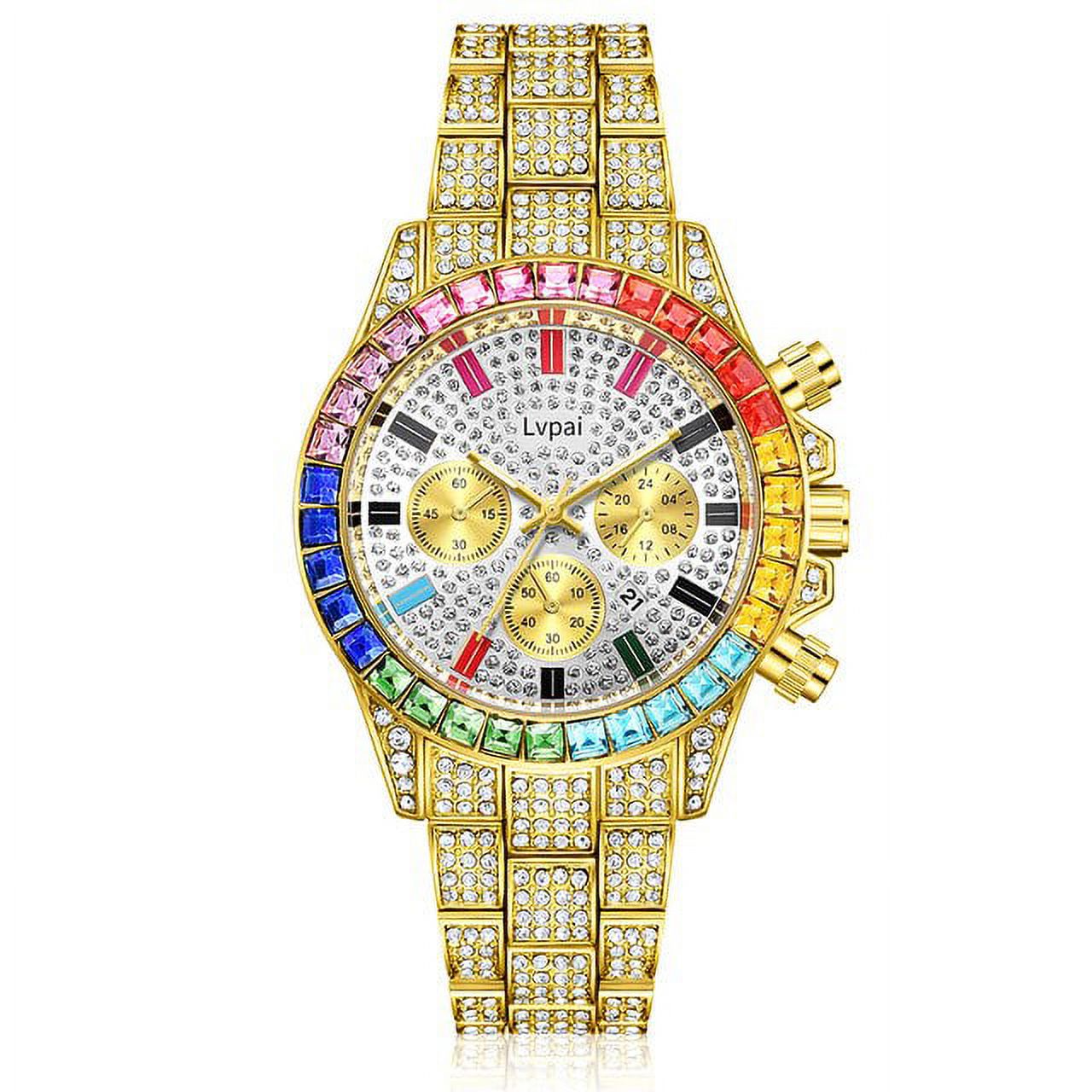 Rhinestone Watch Women Men Luxury Full Micro Pave Iced Out Colorful ...