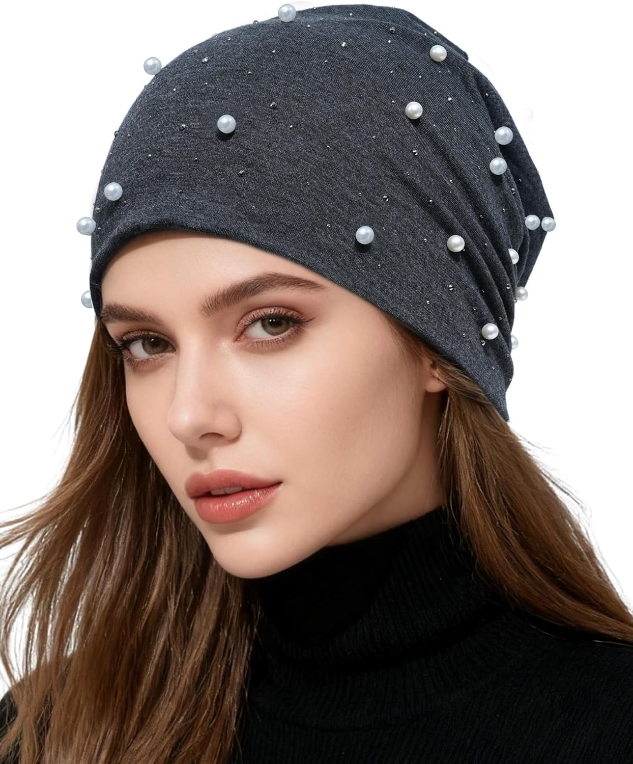 Rhinestone and Pearl Beanie for Women - Lightweight Sparkly Slouchy ...