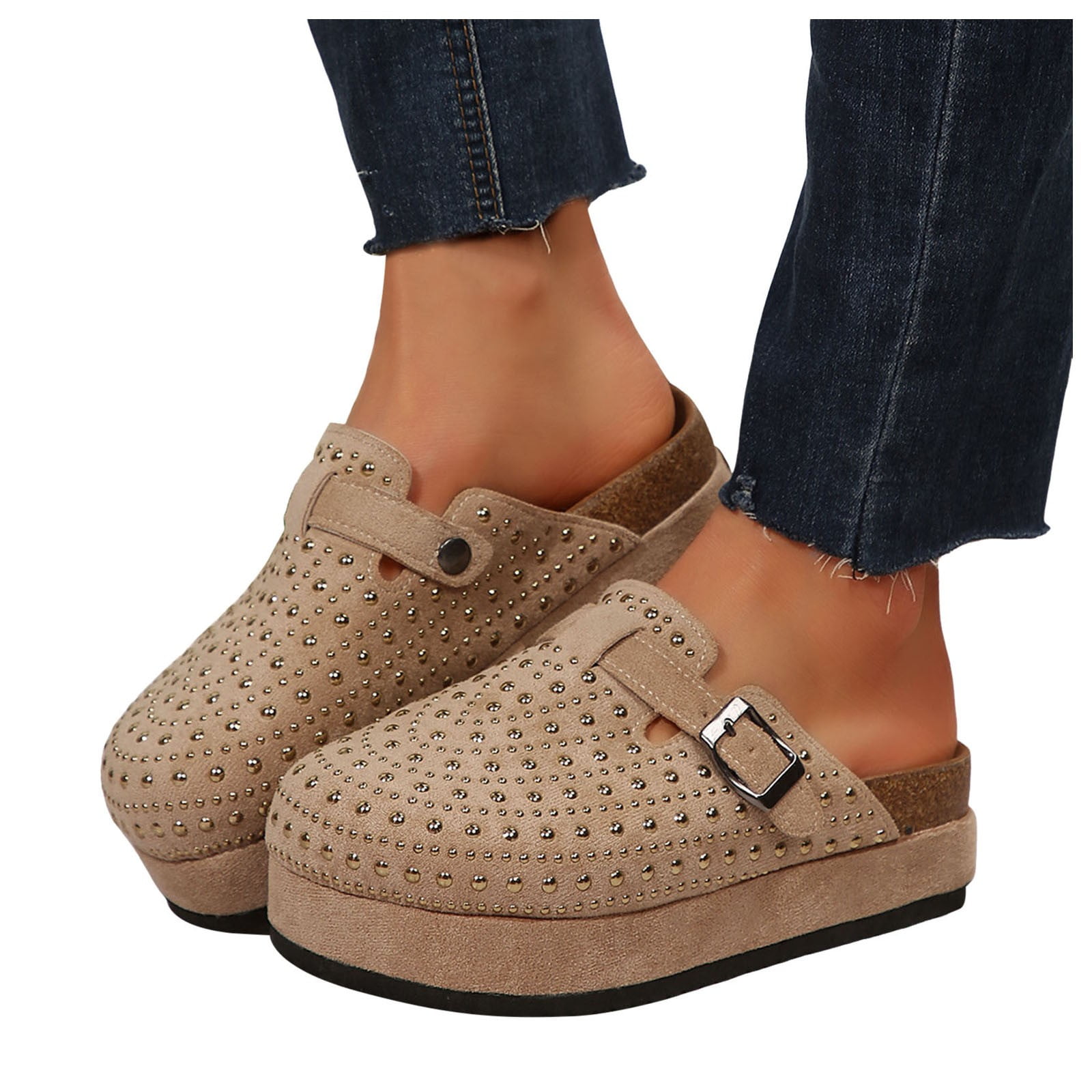 Rhinestones Platform Mules Clogs for Women 2025 Suede Closed Toe Cork ...